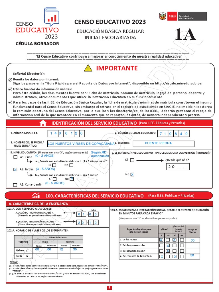 Modelo - Cedula 1A Censo Educativo 2023 - EBR Inicial | PDF