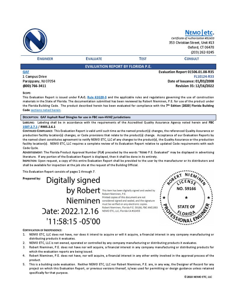 Fl10124 r33 Ae 2022-12-16 Final Er Gaf Asphalt Shingles Fl10124-r33 ...