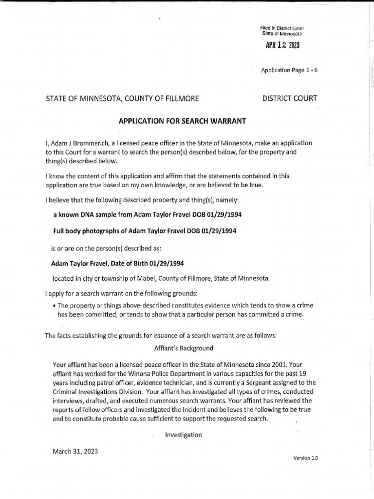 ADAM FRAVEL - 64c93b2c5481e.pdf APPLICATION FOR SEARCH WARRANT | PDF | Search Warrant | Probable ...
