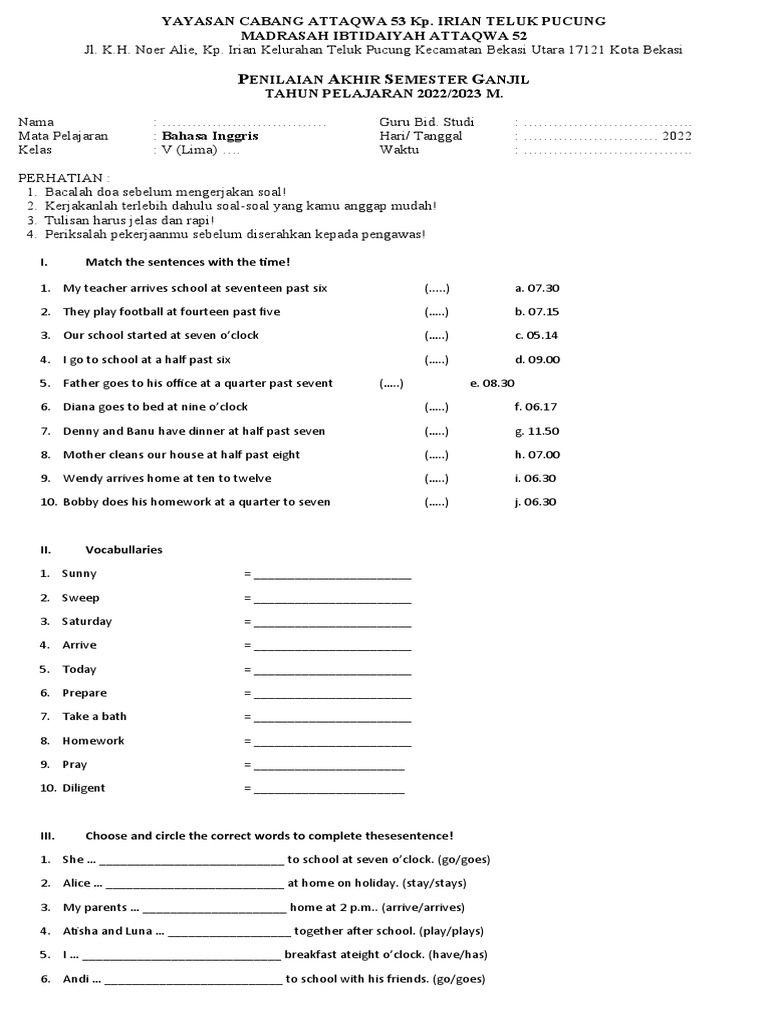 Soal PTS Bahasa Inggris Kelas 5 | PDF | Language Arts & Discipline