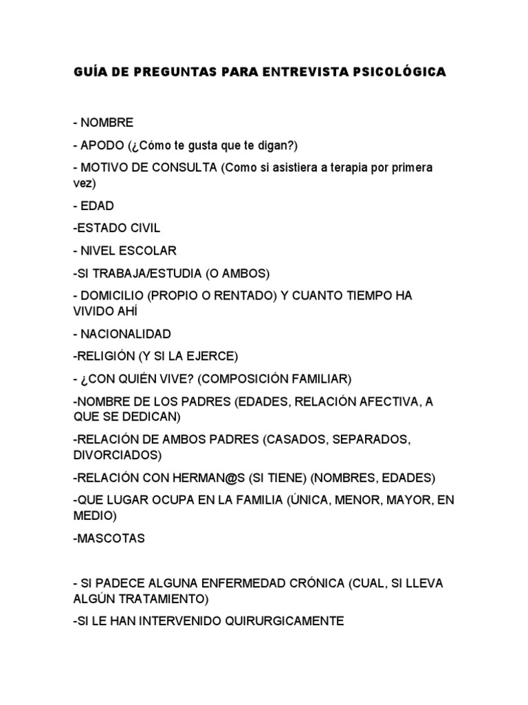 Guía de Preguntas para Entrevista Psicológica | PDF