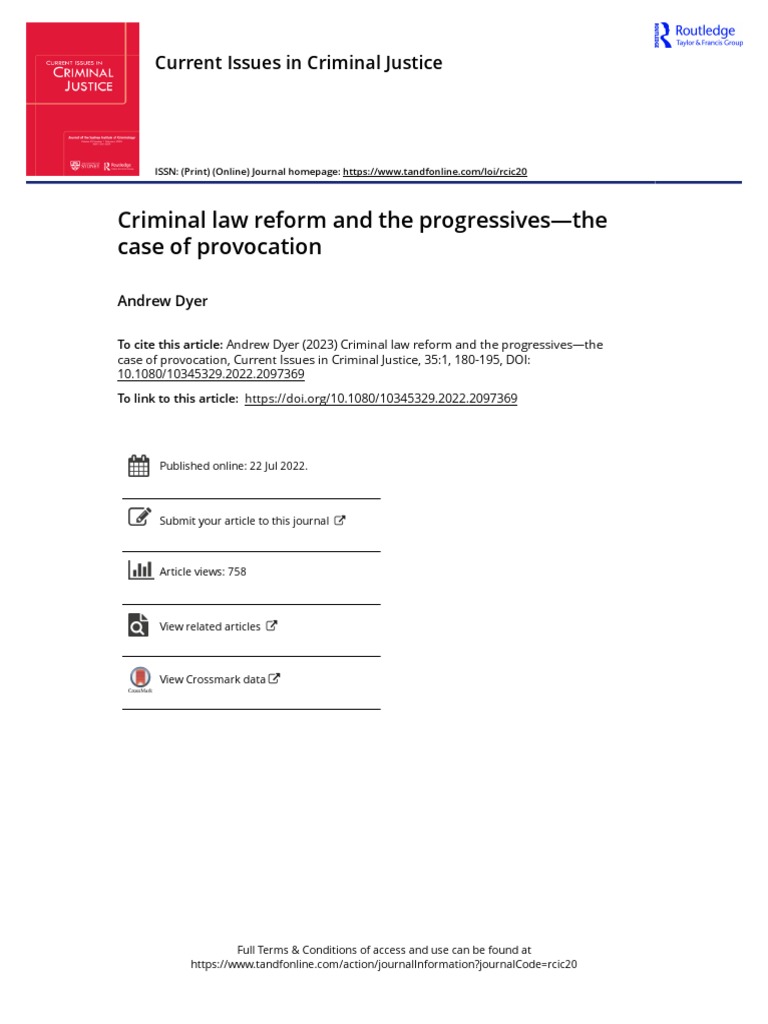 Criminal Law Reform and The Progressives The Case of Provocation ...