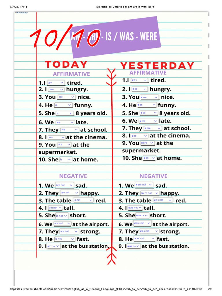 Ejercicio de Verb To Be - Am-Are-Is-Was-Were | PDF