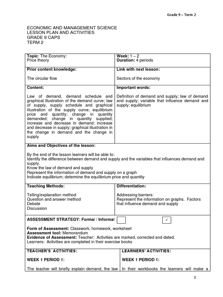 Topic 1 Term 2 2020 Grade 9 Price Theory Activity | PDF