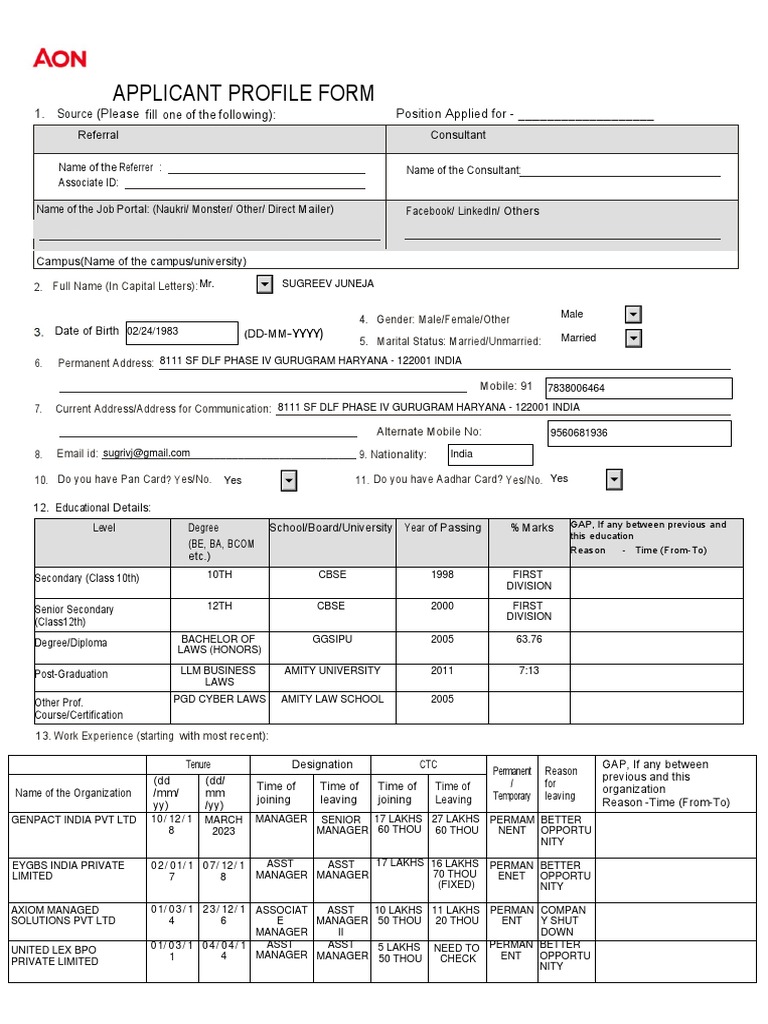 Share Applicant Profile Form - SUGREEV JUNEJA - 160323 | PDF