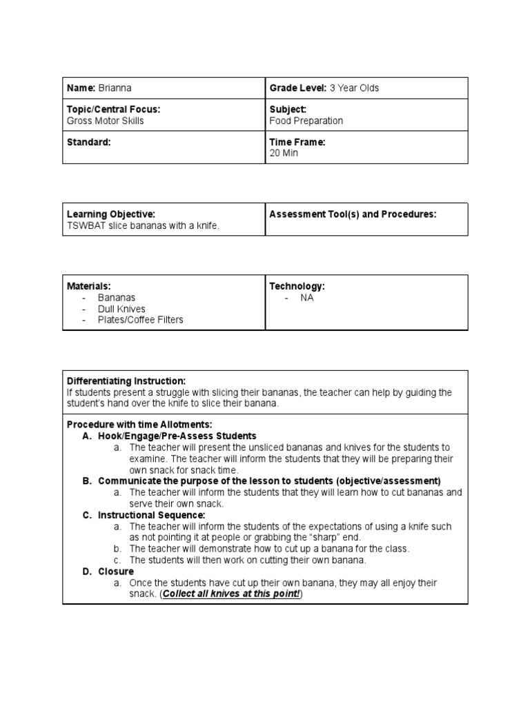 3 Year Old Lesson Plan Banana Snack Gross Motor Skills | PDF