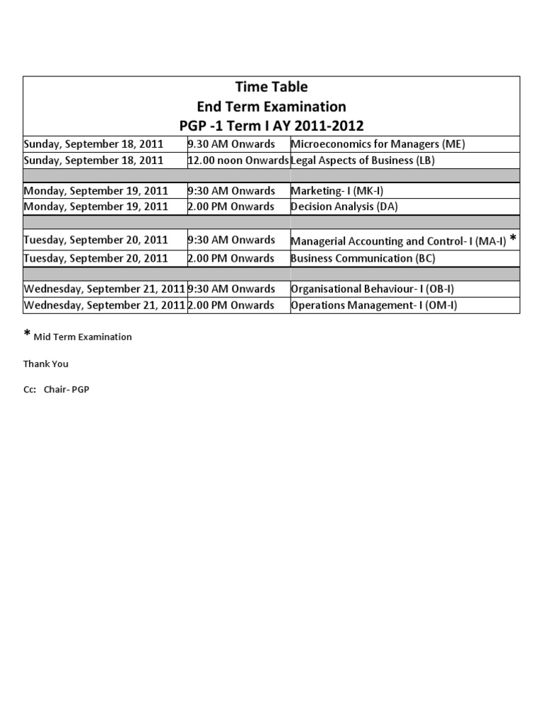 PGP-1 Term I Exam Schedule 2011 | PDF