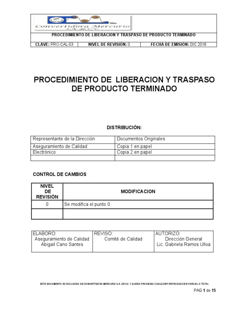 Procedimiento de Liberacion de Producto Terminado | PDF