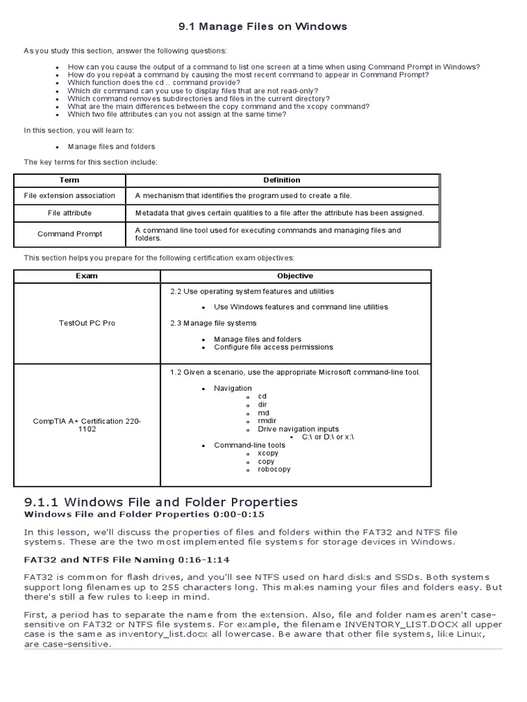 9 1 Manage Files On Windows 9 1 1 Windows File And Folder Properties Pdf Computer File
