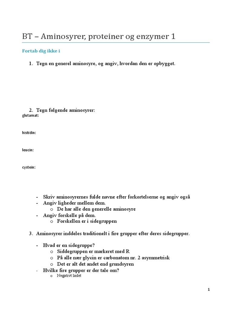 GRUPPEOPGAVE - Aminosyrer, Proteiner Og Enzymer 1 2023 | PDF