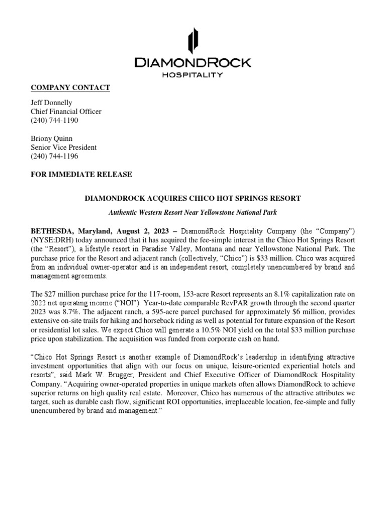Chico Acquisition Press Release FINAL | PDF | Risk | Resort