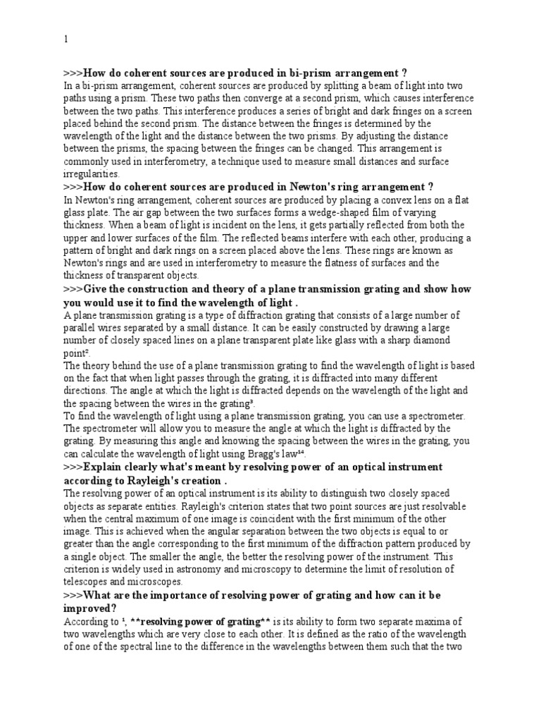 Important questions and answers on diffraction and interference part 1 | PDF | Angular ...