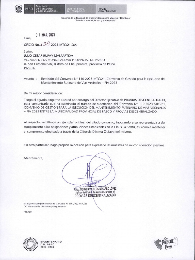Convenio N.º 110-2023-MTC MR Pasco | PDF