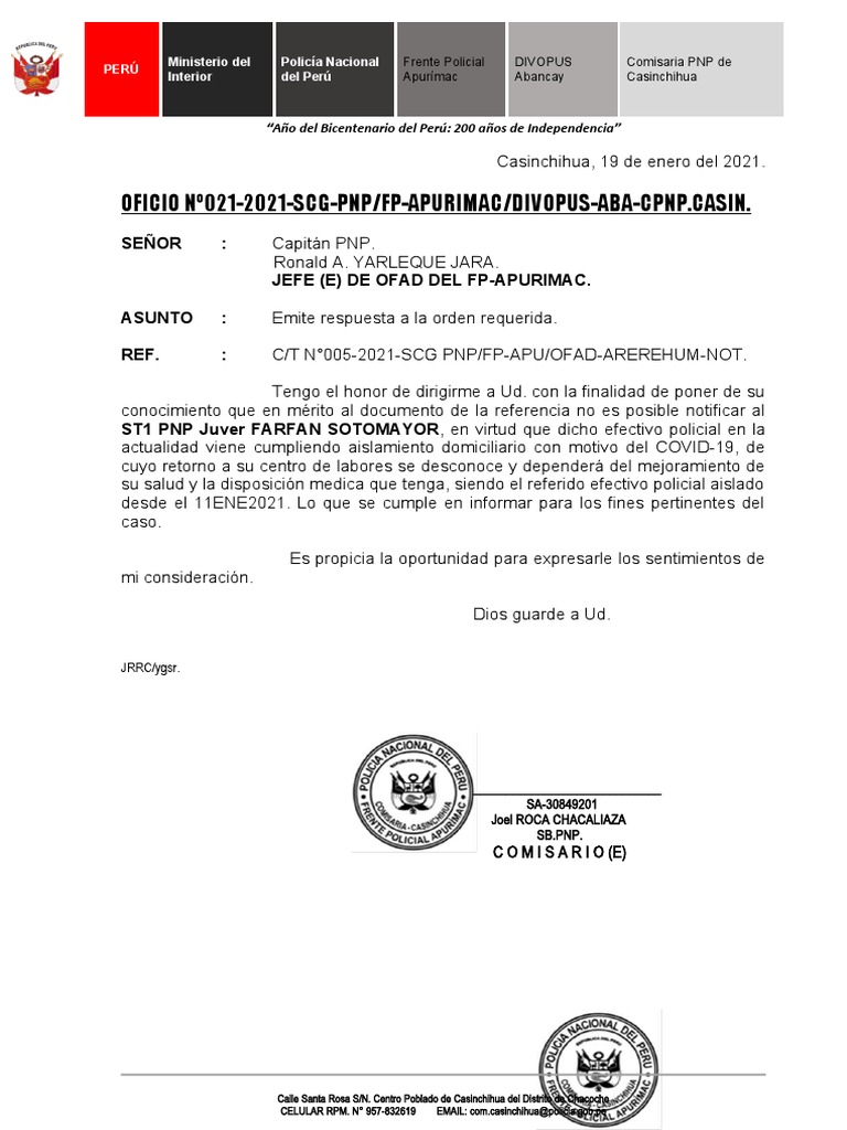 Oficio Emite Respuesta A Orden Telefonica | PDF | Perú | Seguridad nacional