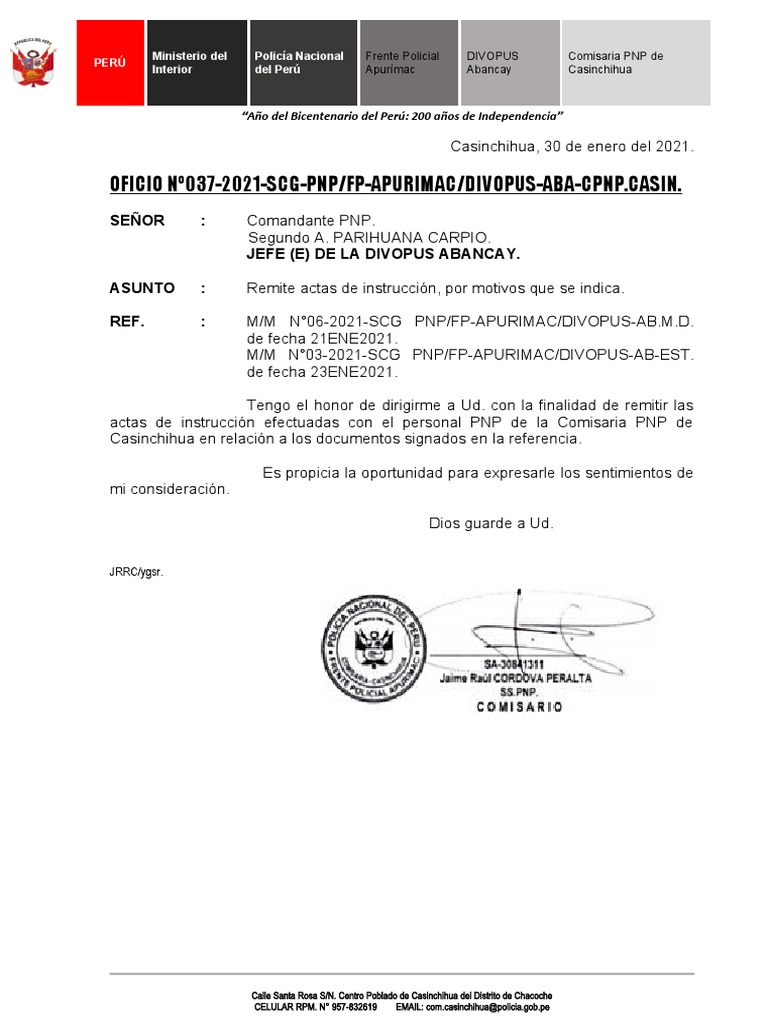 Oficio Remite Actas de Insrcción | PDF | Perú | Seguridad nacional