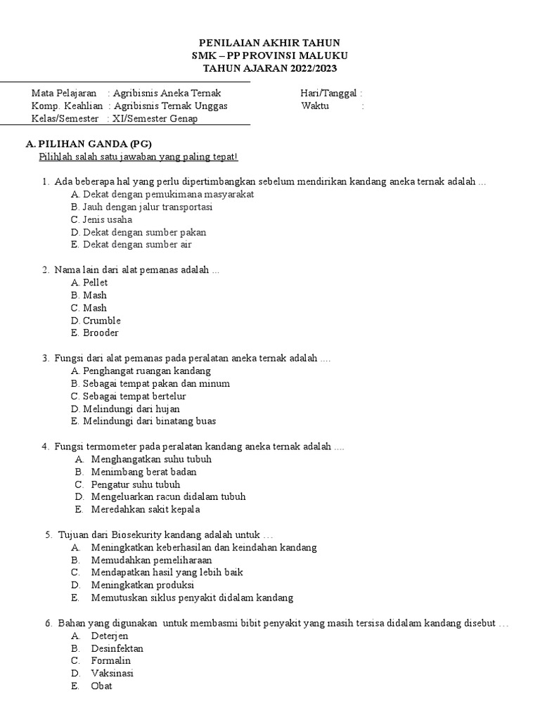 Pat Agribisnis Aneka Ternak Kelas Xi Atu | PDF