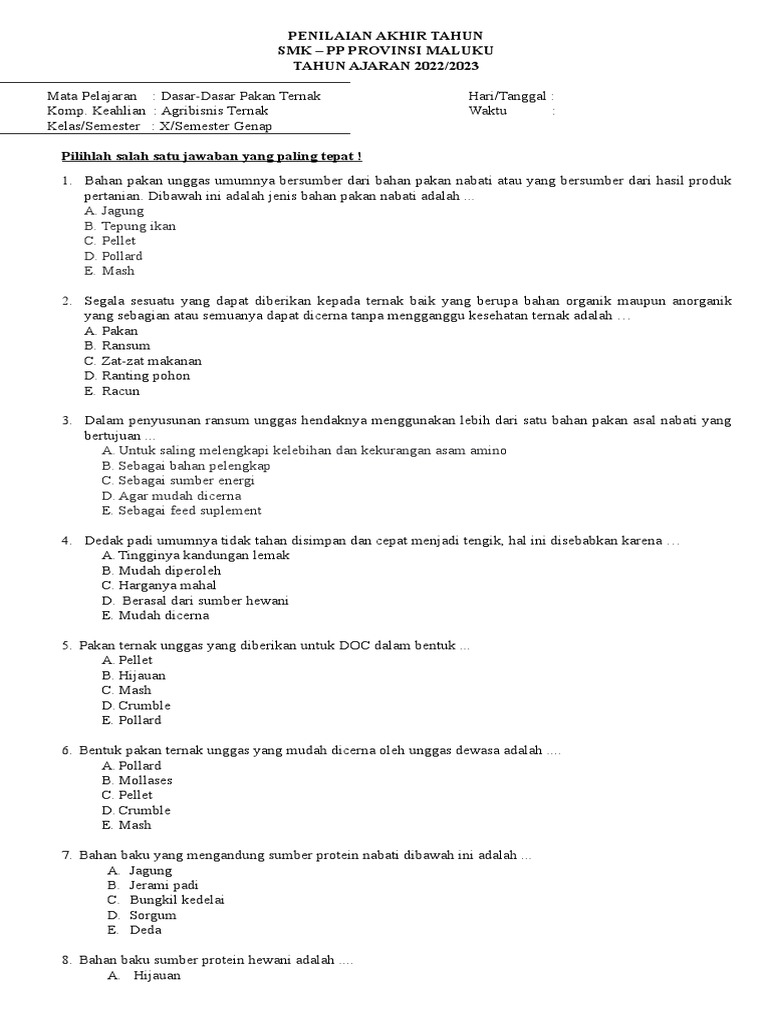 Pat Dasar-Dasar Pakan Ternak Kls X | PDF