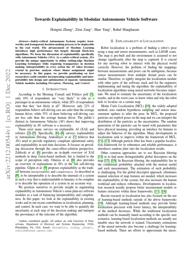 Towards Explainability in Modular Autonomous Vehicle Software | PDF | Lidar | Control Theory