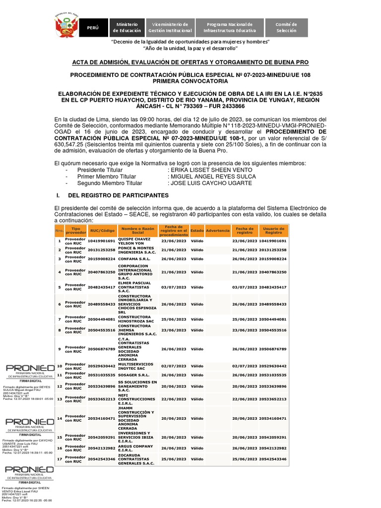 Acta de Admision Evaluacion y Buena Pro - Pec 07-2023-Firmado | PDF