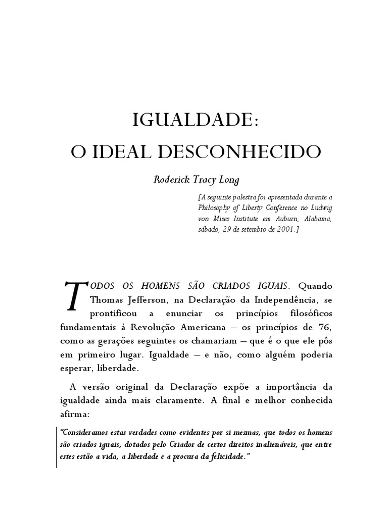 Igualdade O Ideal Desconhecido Roderick T. Long | PDF