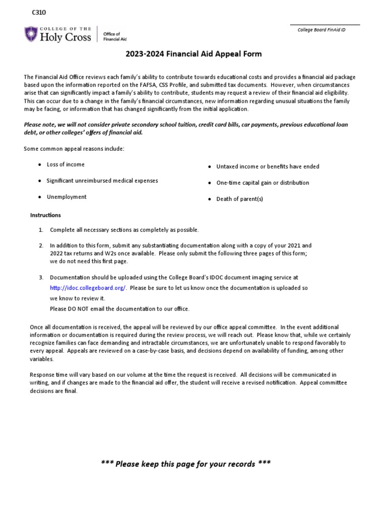 Appeal Form 2023-2024 | PDF | Student Financial Aid In The United ...