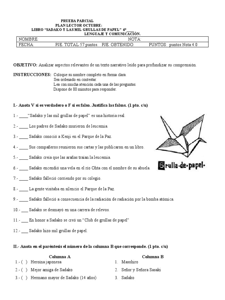 Evaluacion Sadako y Las Mil Grullas de Papel 6 ABC 2015 | PDF