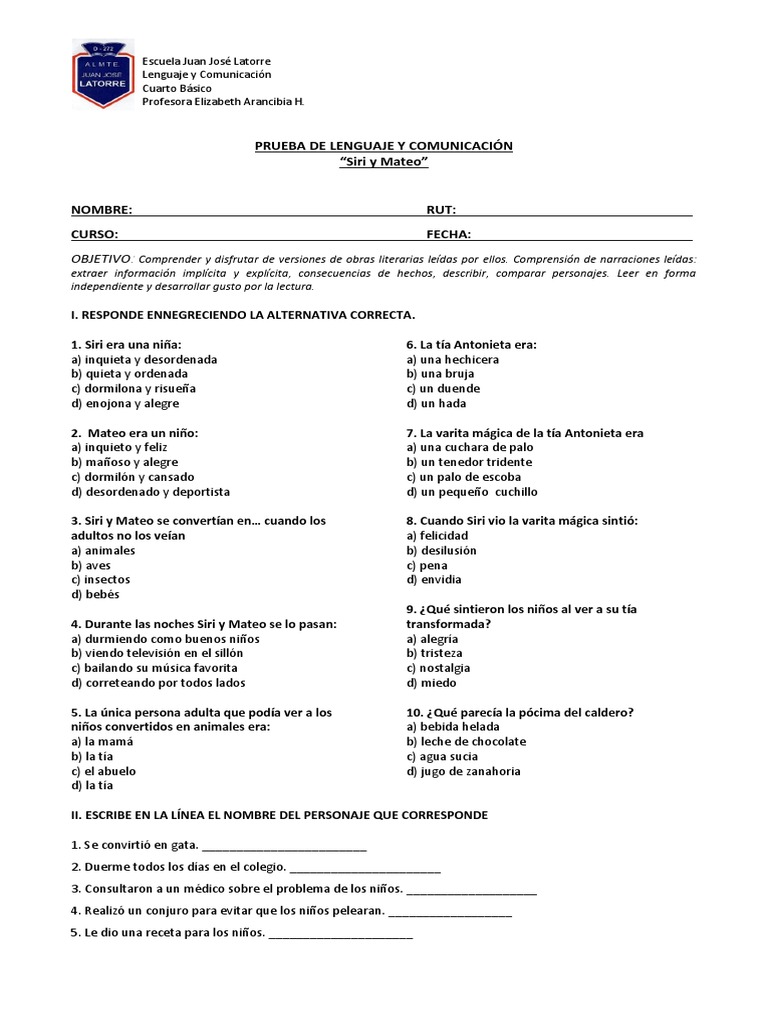 Prueba de Lenguaje Siri y Mateo | PDF