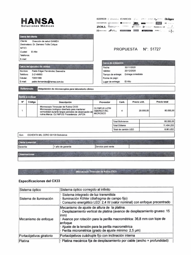 COTIZACION MICROSCOPIOO TRINOCULAR HANSA | PDF | Factores humanos y ergonomía | Diodo emisor de luz