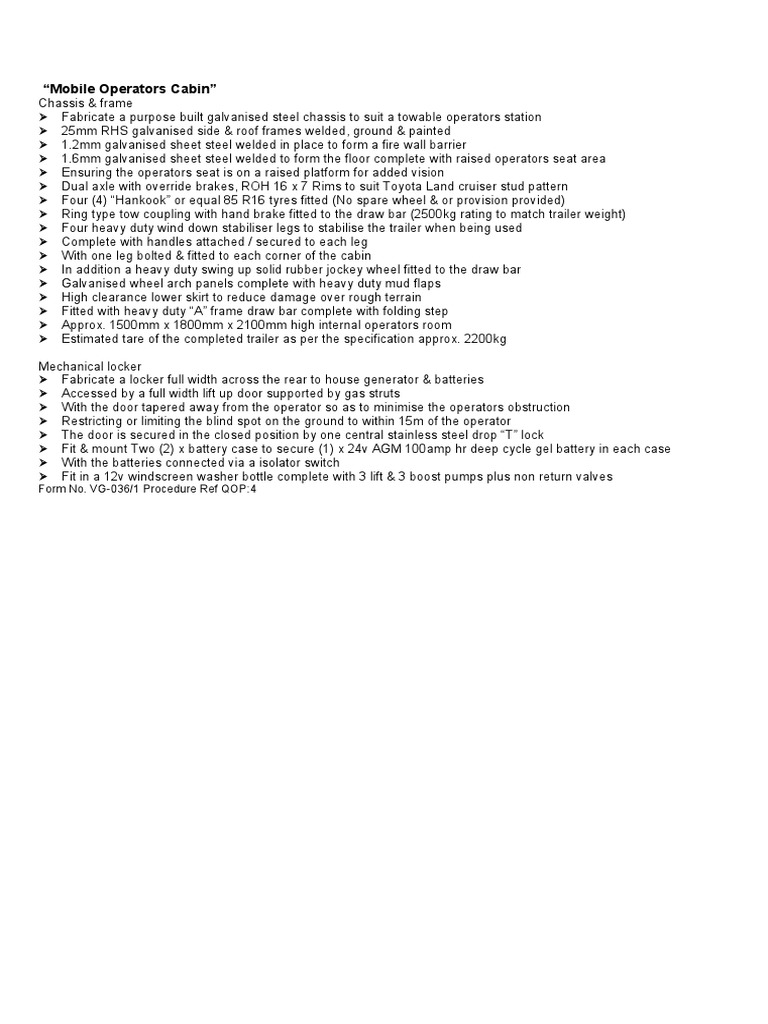 Mobile Operators Cabin Spec | PDF | Door | Electrical Wiring