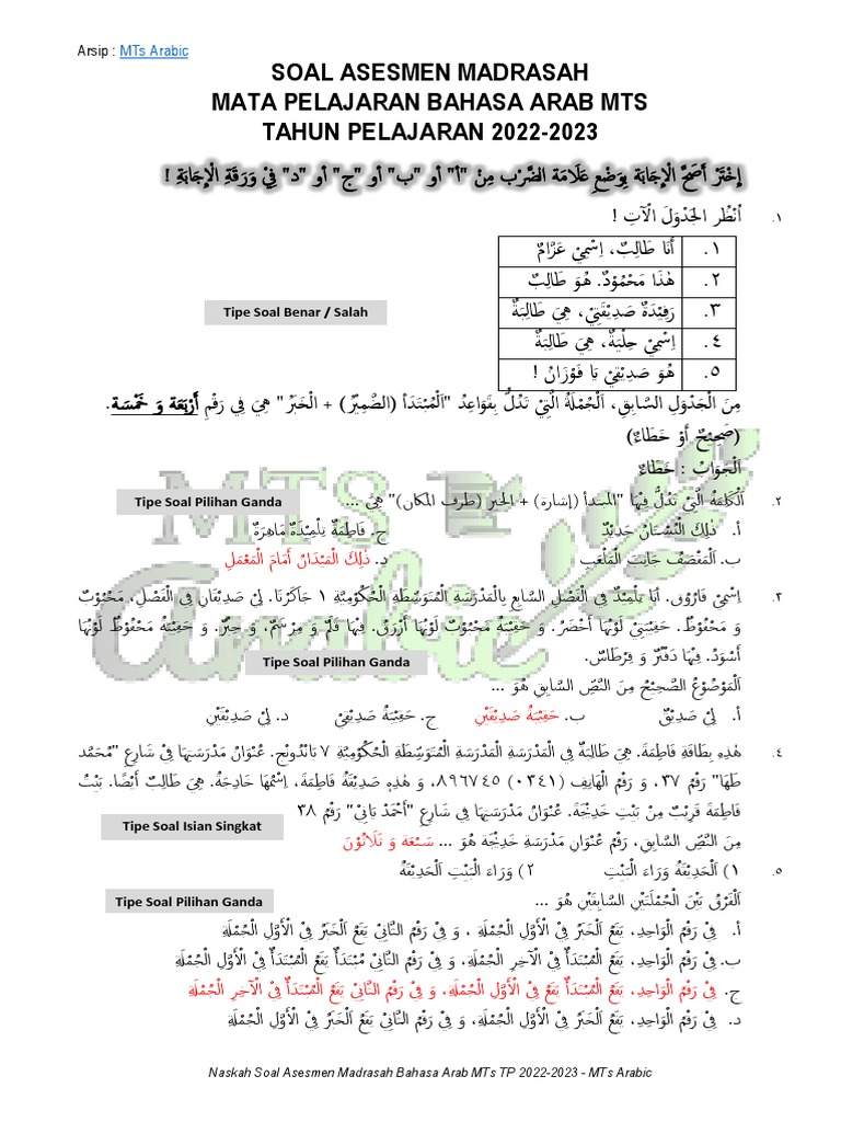 Soal Asesmen Madrasah Bahasa Arab MTs TP 2022-2023 - MTs Arabic-1 | PDF