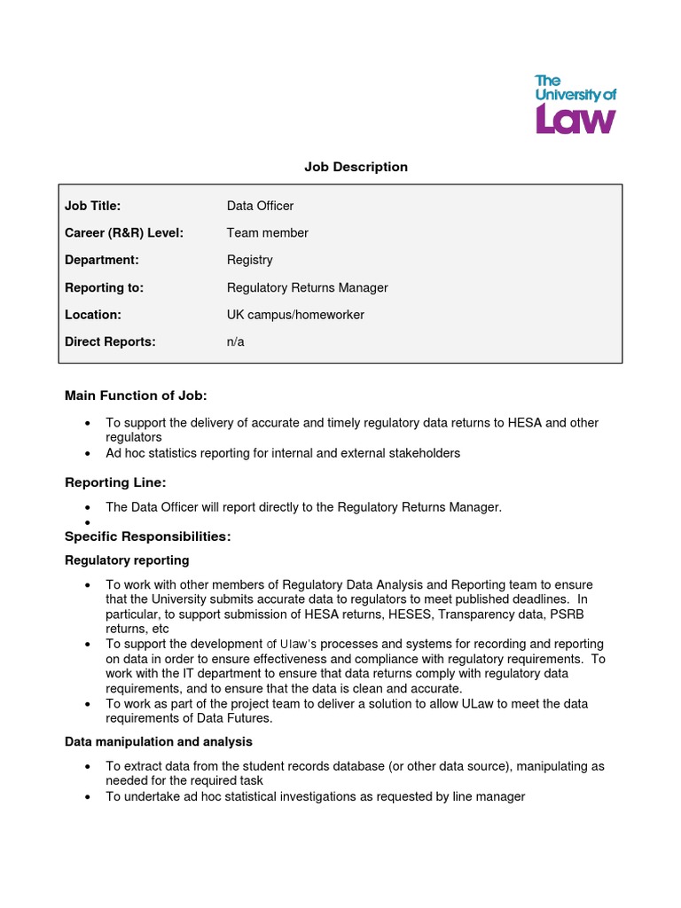 Job Description - Data Officer | PDF | Data | Regulatory Compliance