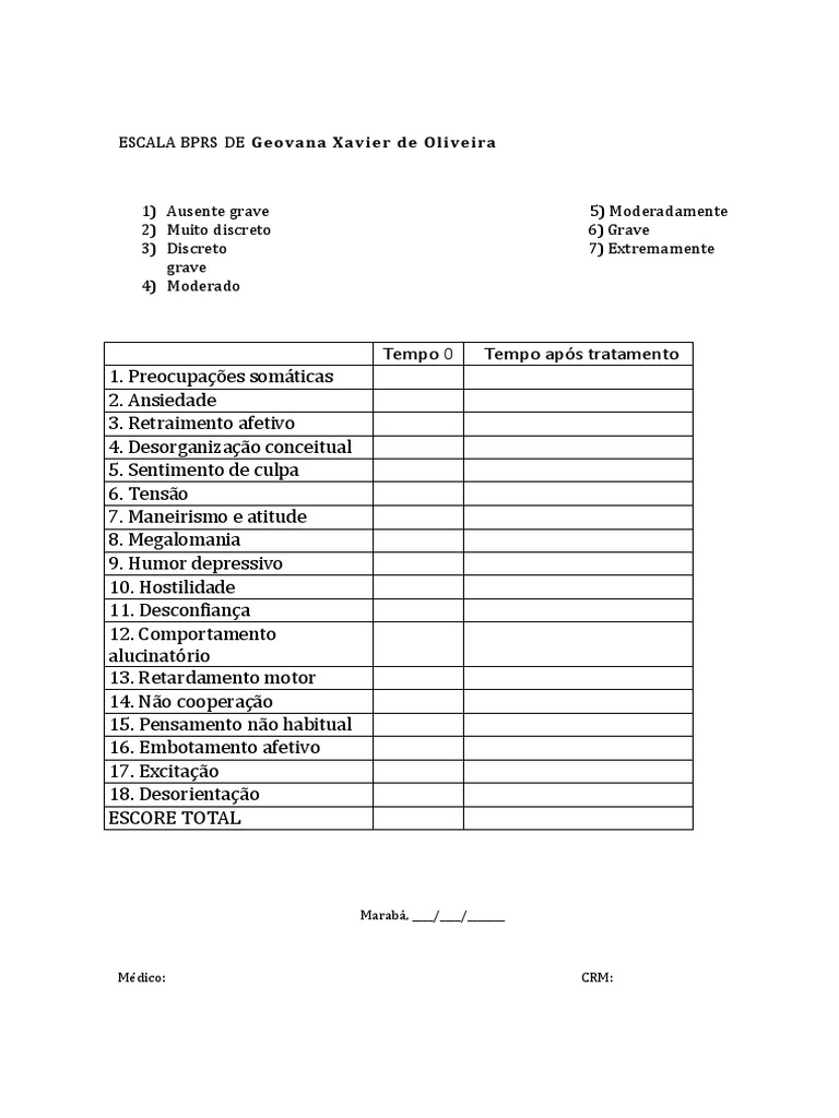 Escala BPRS para Avaliação da Esquizofrenia | PDF