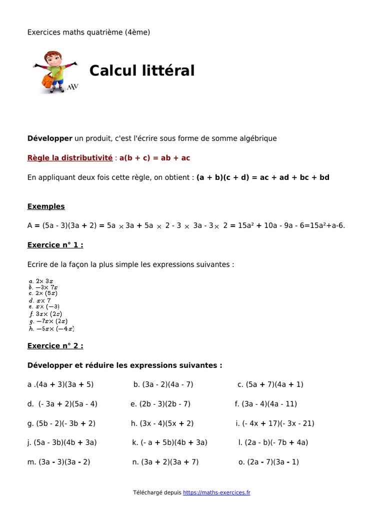 Calcul Litteral Exercices de Maths en Quatrieme 4eme | PDF