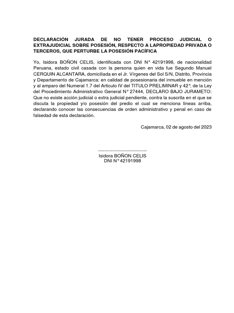 Declaración Jurada de No Tener Proceso Judicial o Extrajudicial Sobre ...