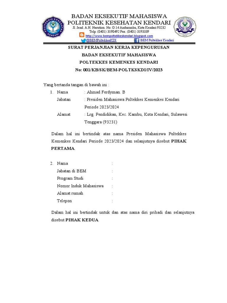 Surat Perjanjian Pengurus BEM 2023-2024 | PDF