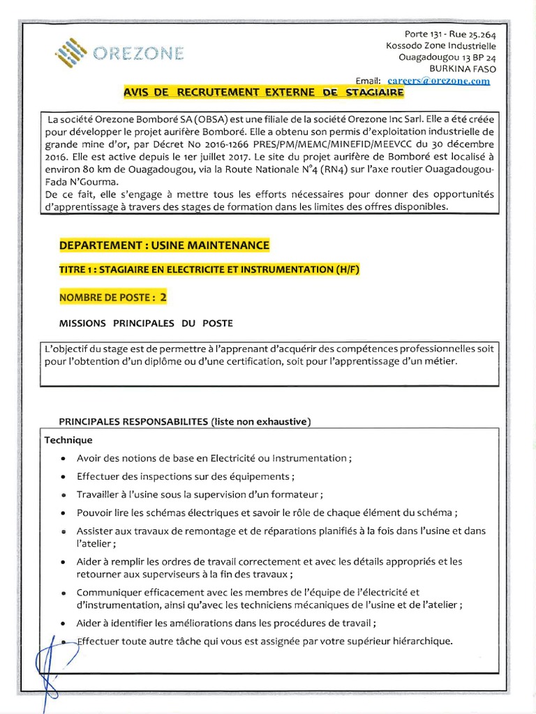 Avis de Recrutement Stagiaire Electricite Et Planification Maintenance ...