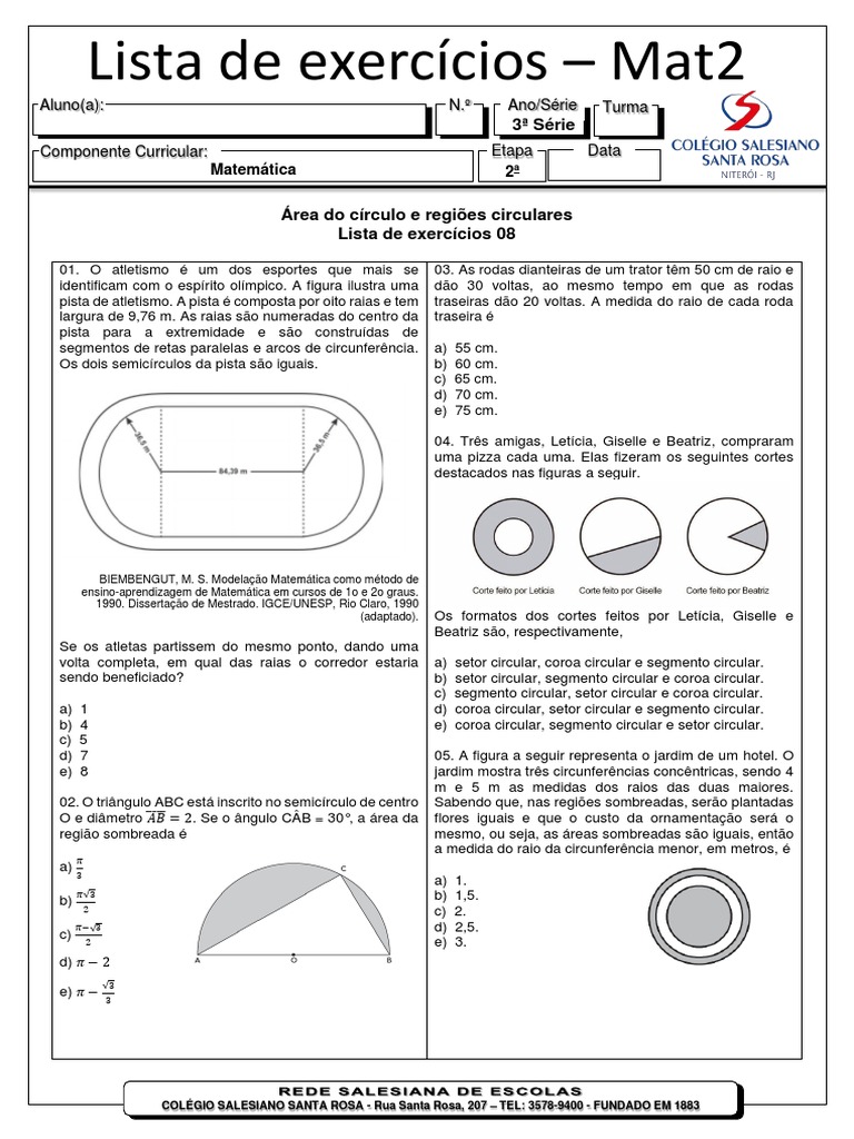 08 - Lista de Exercícios 08 (Área Do Círculo e Regiões Circulares) | PDF