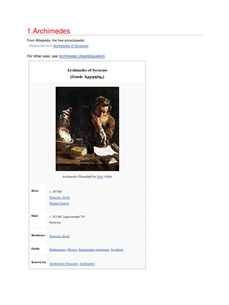 1.Archimedes: Archimedes of Syracuse (Greek: Ἀρχιμήδης) | PDF ...