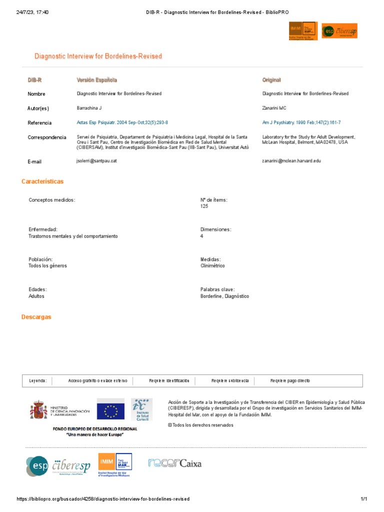 DIB-R - Diagnostic Interview for Bordelines-Revised - BiblioPRO | PDF