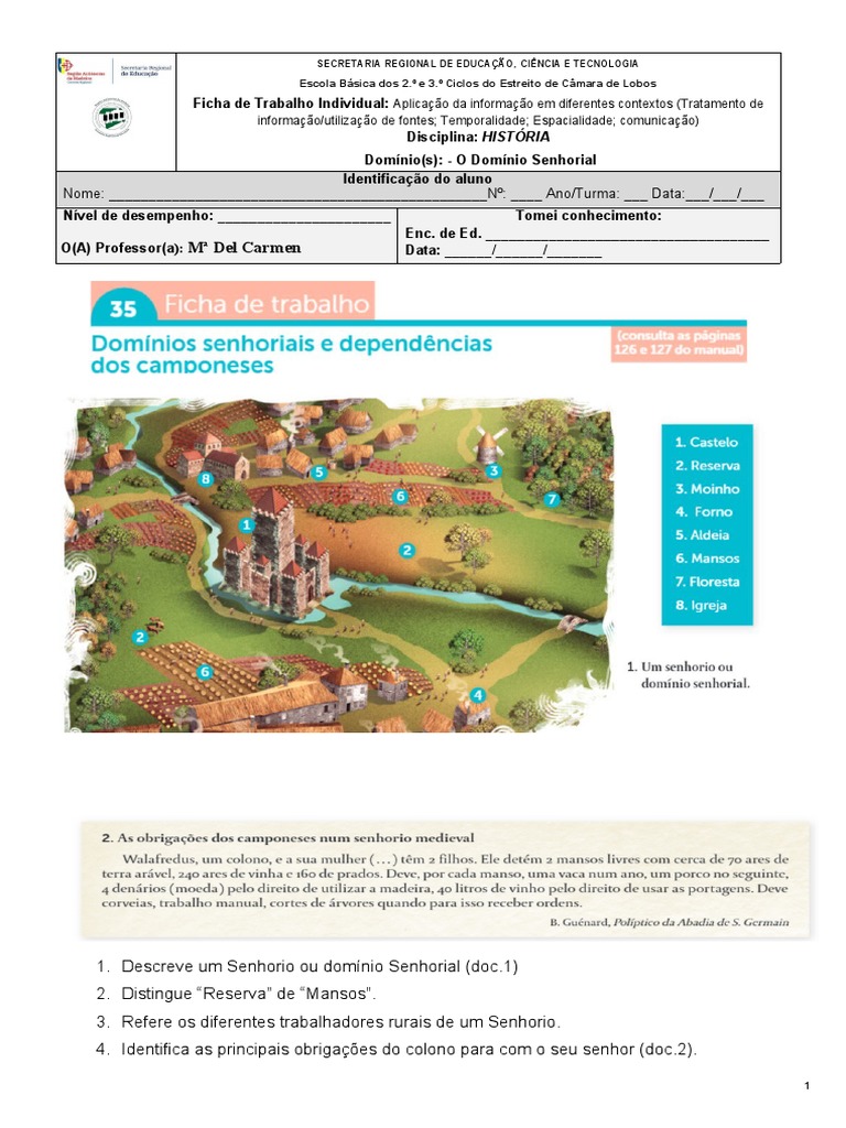 Domínio Senhorial: Ficha de Trabalho 7º Ano | PDF