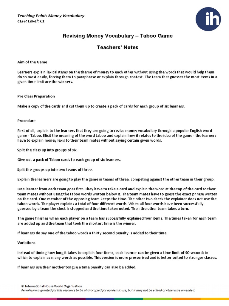 Money Vocabulary - Taboo Game (CEFR C1) | PDF | Vocabulary | Overdraft
