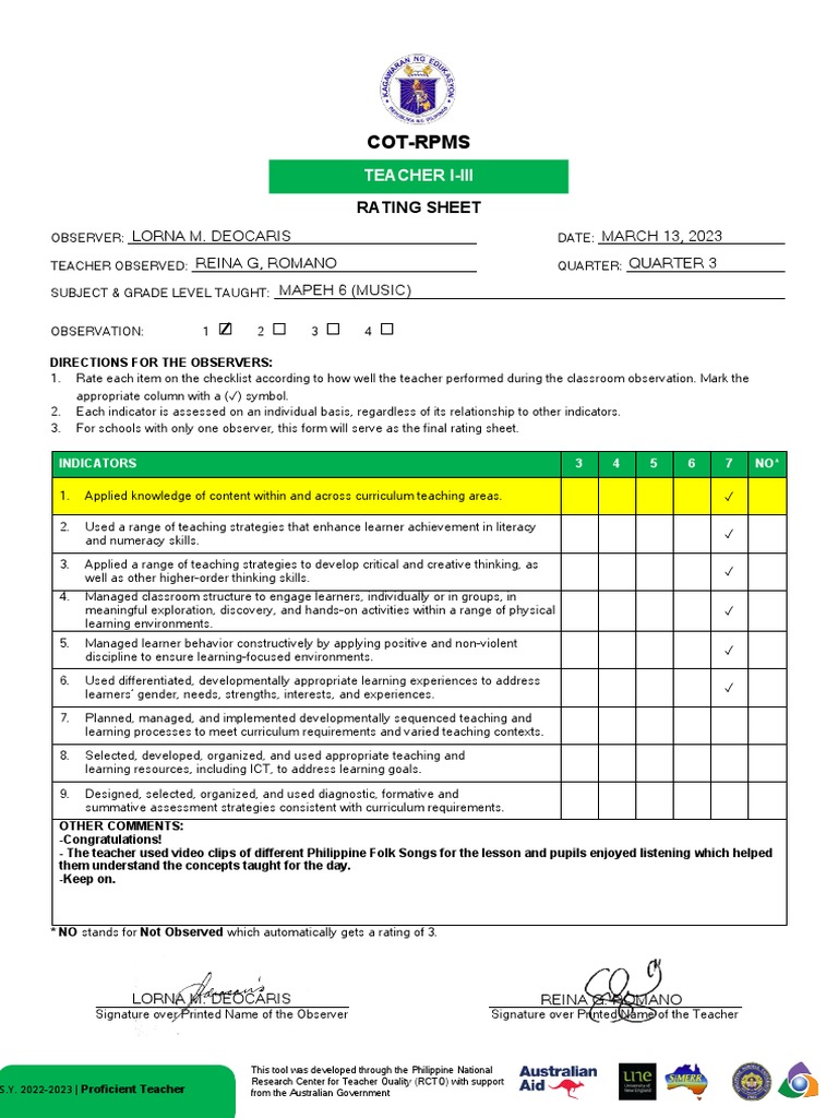 (Appendix C-07) COT-RPMS Rating Sheet For T I-III For SY 2022-2023 | PDF | Curriculum | Learning
