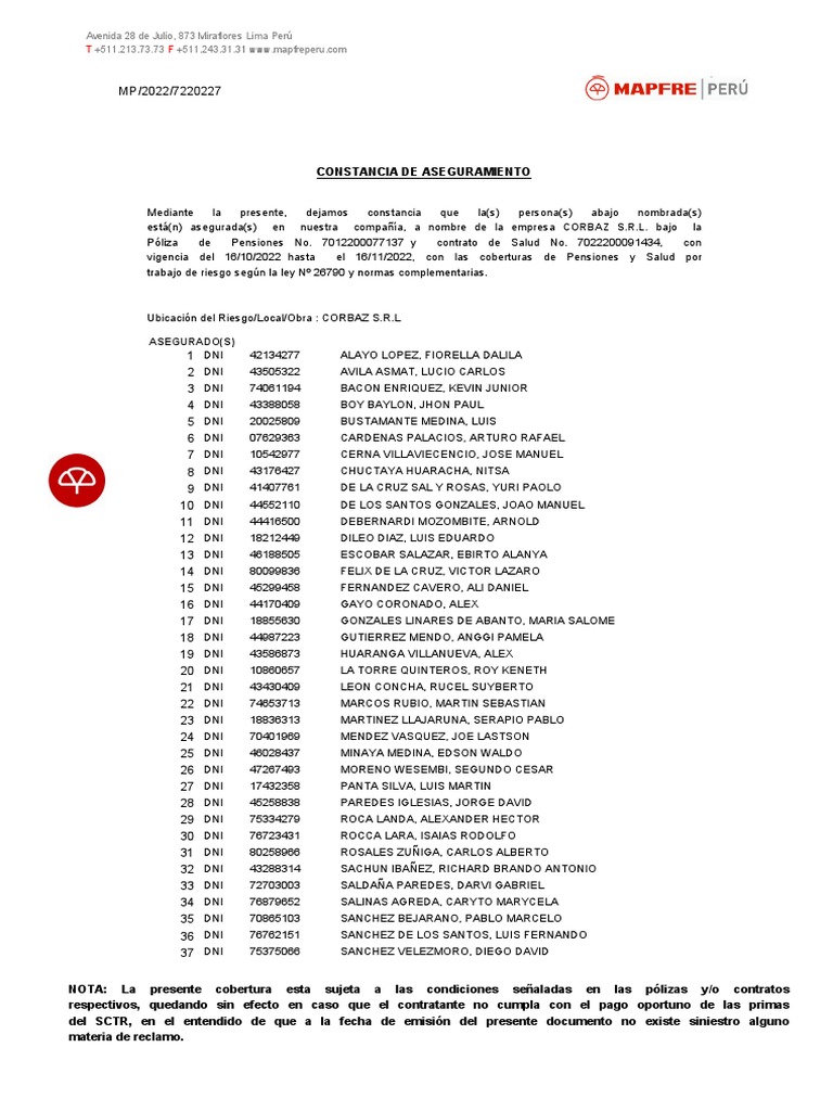 Constancia SCTR Personal CSI HASTA 161122 | Descargar gratis PDF | Seguro