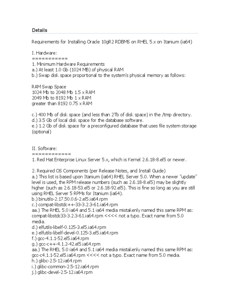 Requirements for Installing 10gR2 RDBMS on RHEL 5.x on Itanium (ia64) | PDF | Computer ...