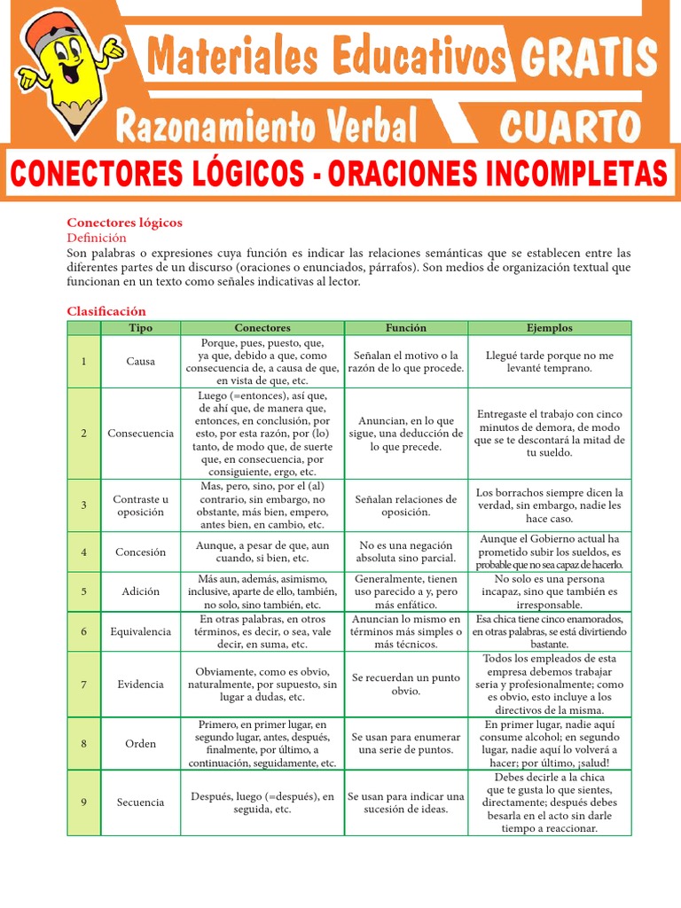 Conectores Lógicos y Oraciones Incompletas para Cuarto Grado de Secundaria | PDF