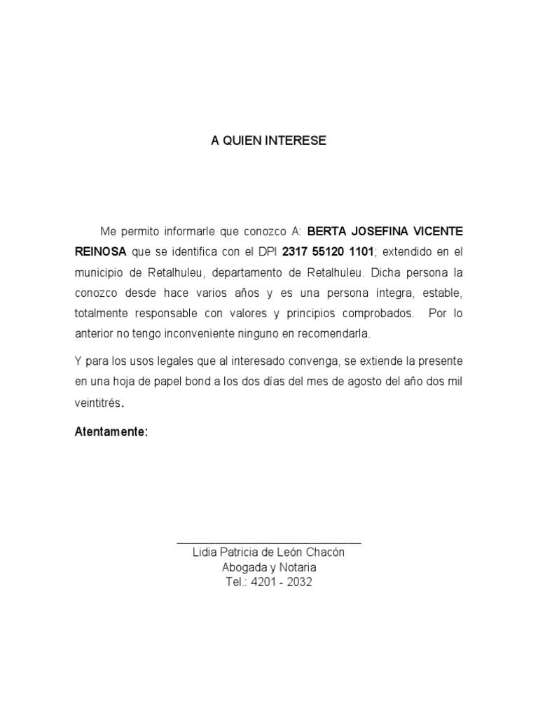 Carta de Recomendacion Berta Josefina Vicente Reinosa | PDF