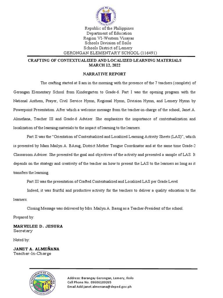 Narrative Report Learning Strategies AND NUMERACY AND LITERACY REPORT | PDF | Literacy