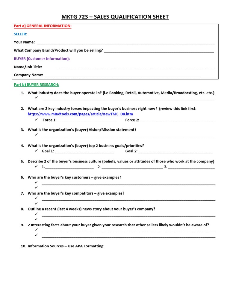 MKTG 723 Sales Presentation - Qualification Sheet | PDF