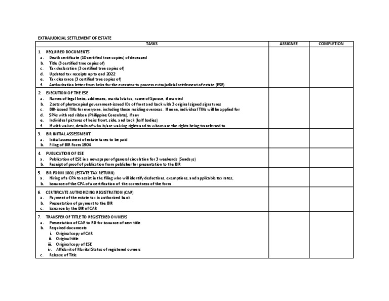 EXTRAJUDICIAL SETTLEMENT OF ESTATE Checklist | PDF