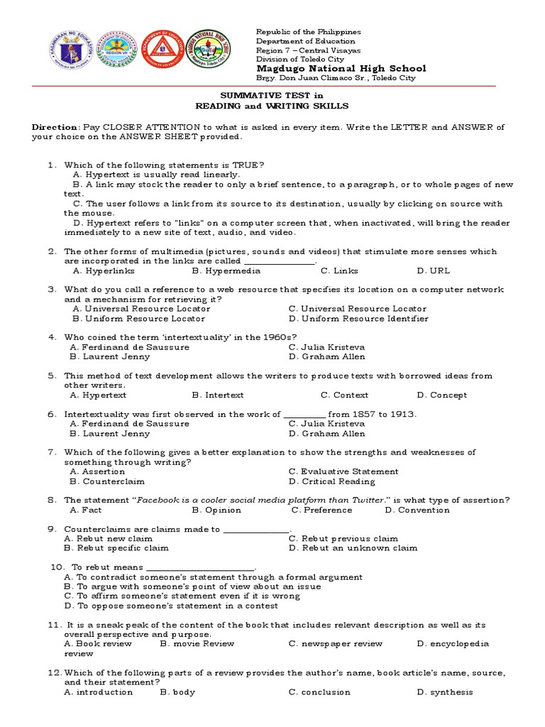 Summative Test Reading and Writing Final | PDF | Résumé | Methodology